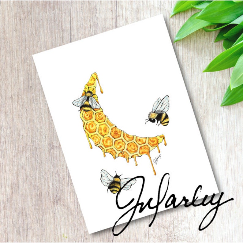 Honeycomb Cresent Moon With Honeybees Illustration Art Print - Etsy