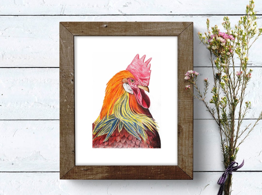Colorful Rooster Art Print, Fancy Chicken, Farmhouse Style Decor ...
