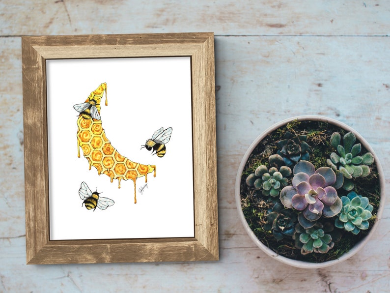 Honeycomb Cresent Moon With Honeybees Illustration Art Print - Etsy