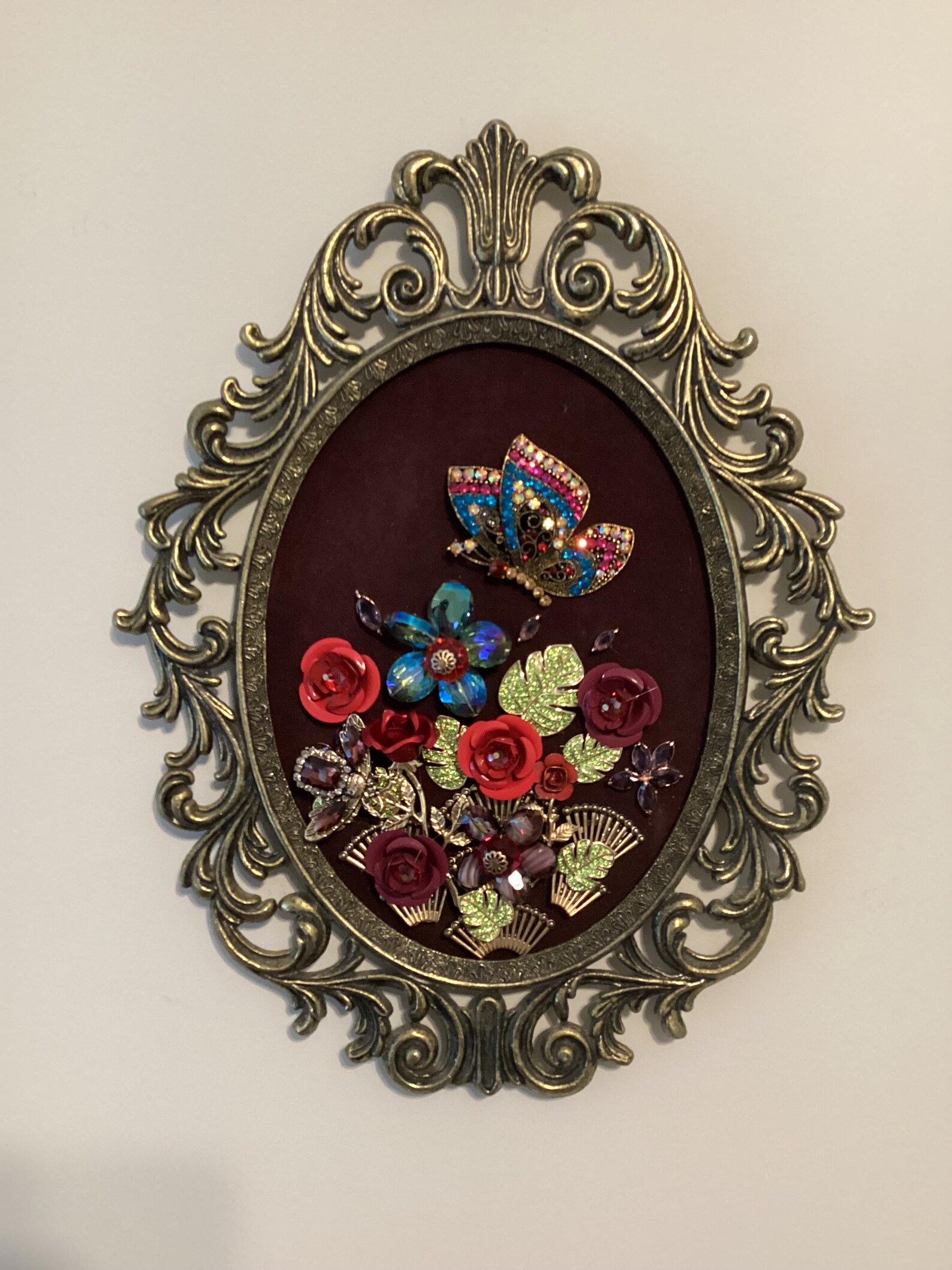 Vintage Oval Floral Frame: Burgundy Butterfly Scene, Bejeweled Wall Art ...