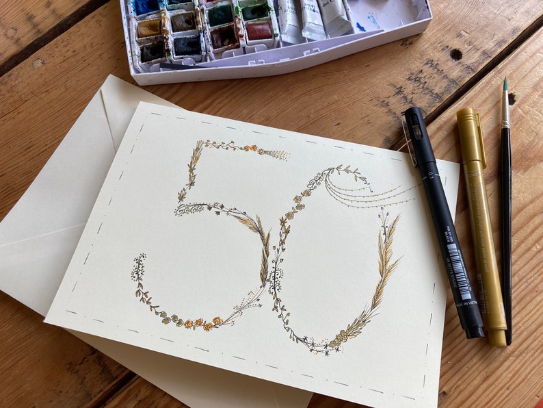 Hand-drawn 50th Anniversary Card: Gold Floral Design, Personalized - Etsy