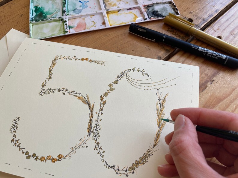 Hand-drawn 50th Anniversary Card: Gold Floral Design, Personalized - Etsy