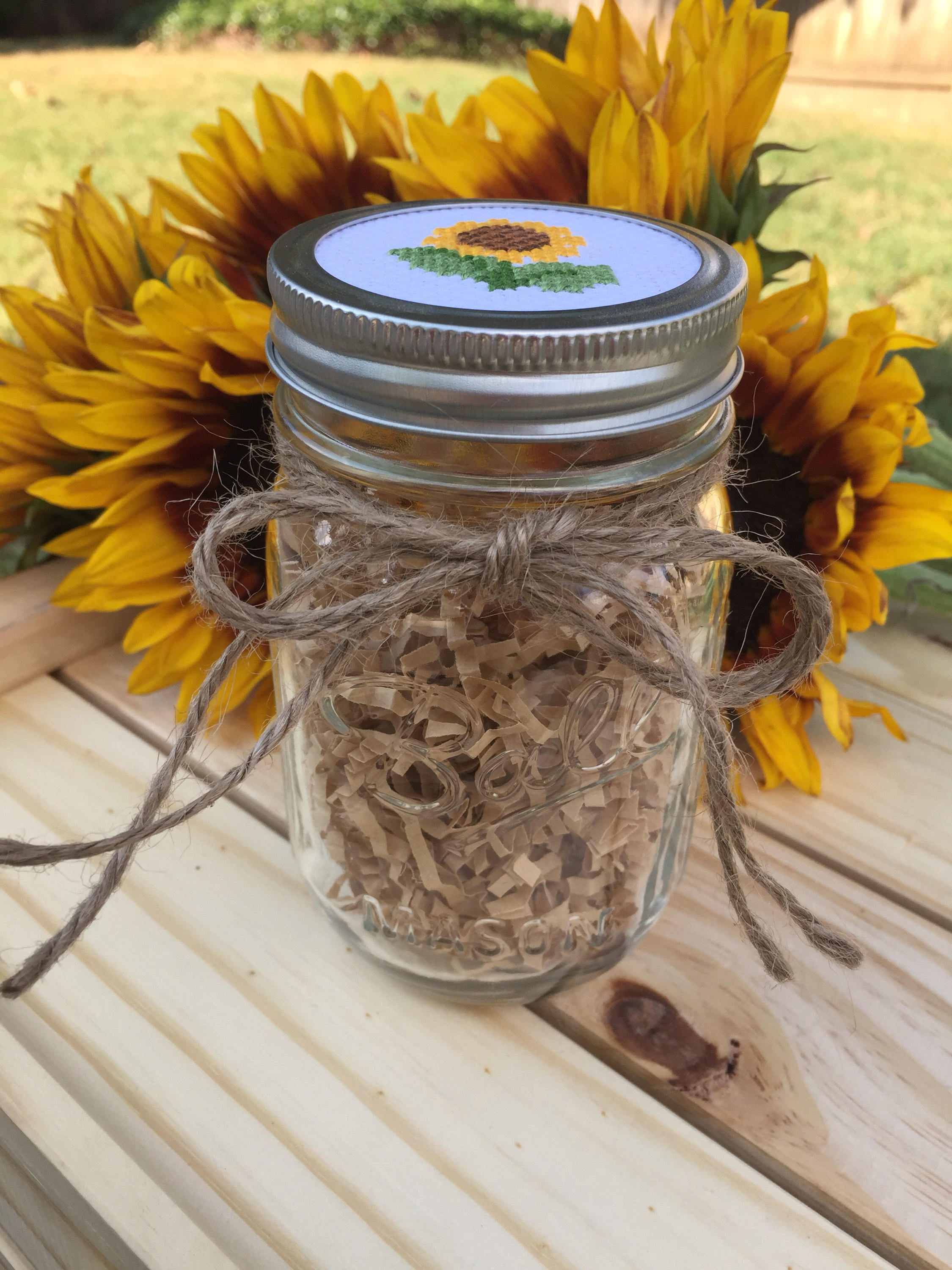 Sunflower Mason Jar, Mason Jar Decor, Cross Stitch Mason Jar Lid ...