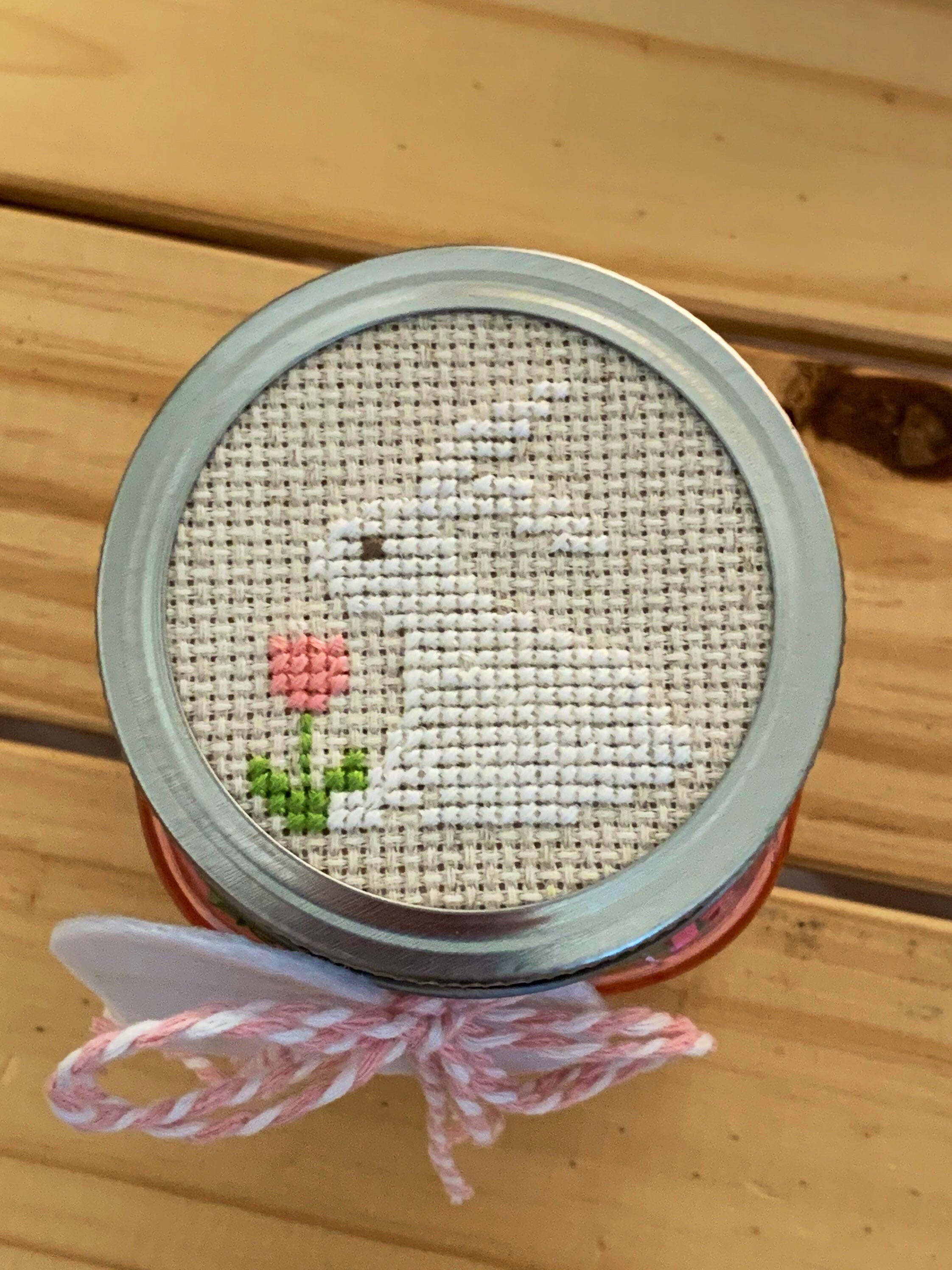 Rabbit Mason Jar, Mason Jar Decor, Cross Stitch Mason Jar Lid, Rabbit ...