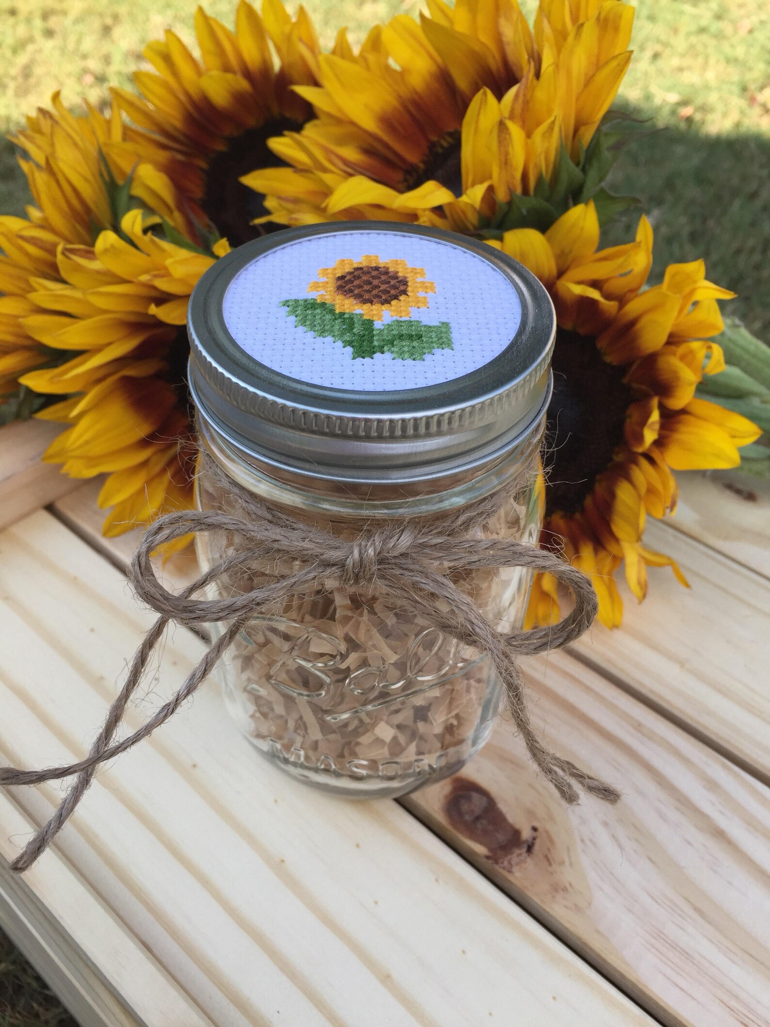 Sunflower Mason Jar, Mason Jar Decor, Cross Stitch Mason Jar Lid ...