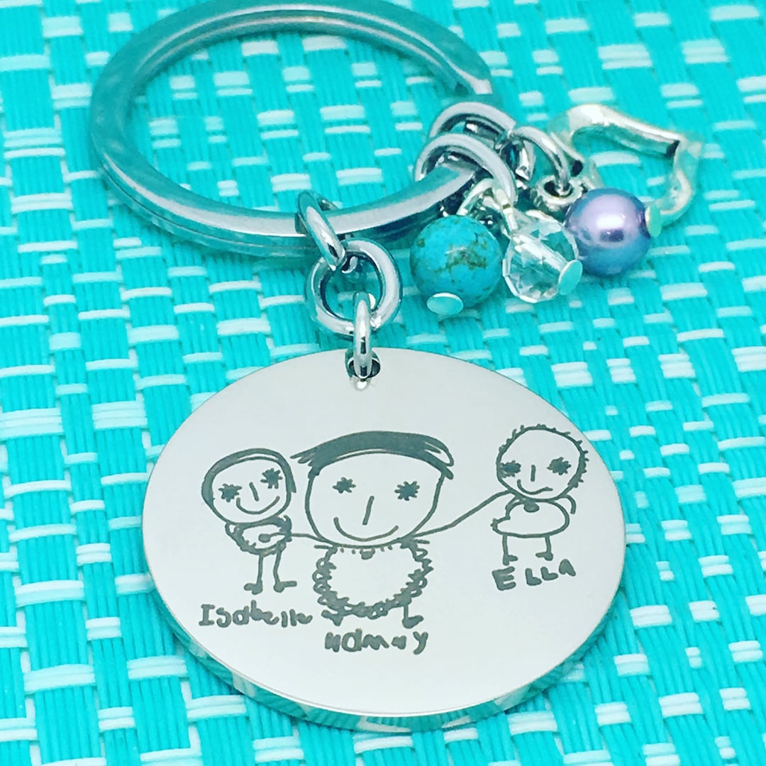 Your Childs Drawing Engraved Keyring, Portrait Keychain, Engraved ...