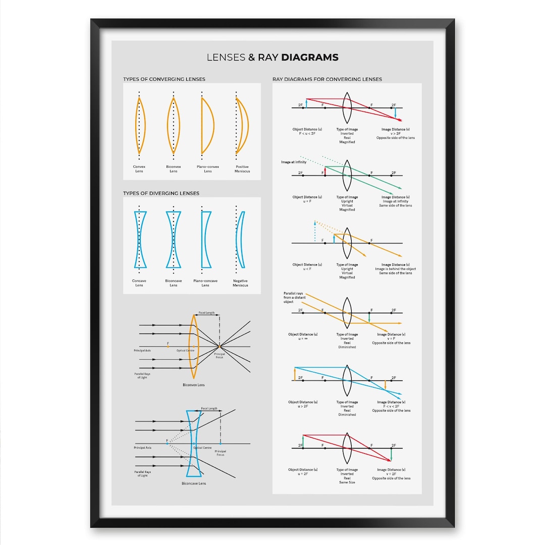 Lenses and Ray Diagrams Poster, Physics Print for Optics Study ...