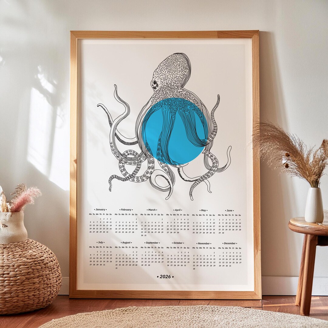 2026 Yearly Wall Calendar, Single Page Calendar With Octopus Marine ...