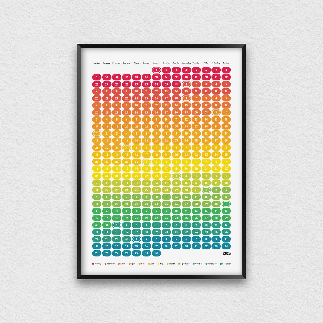 One Page Yearly Calendar for 2023, Rainbow Colored 2023 Poster ...