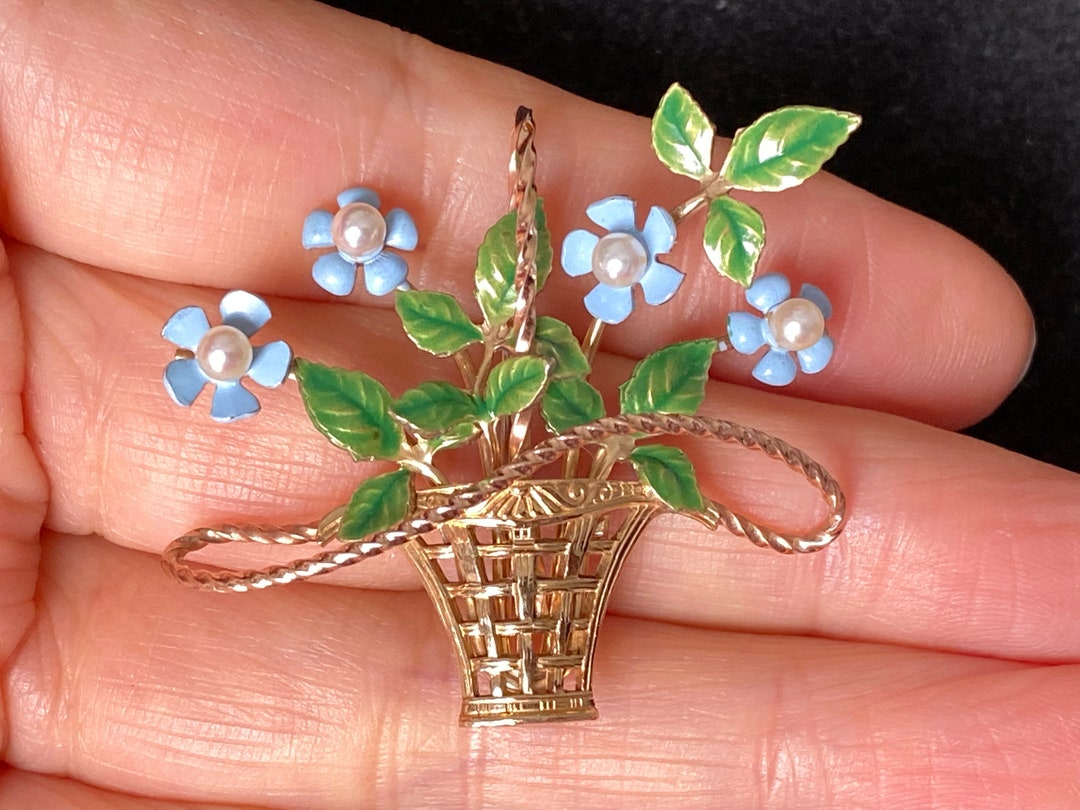 Vintage KREMENTZ Gold Filled Pearl Enamel Flower Basket Brooch Pin - Etsy