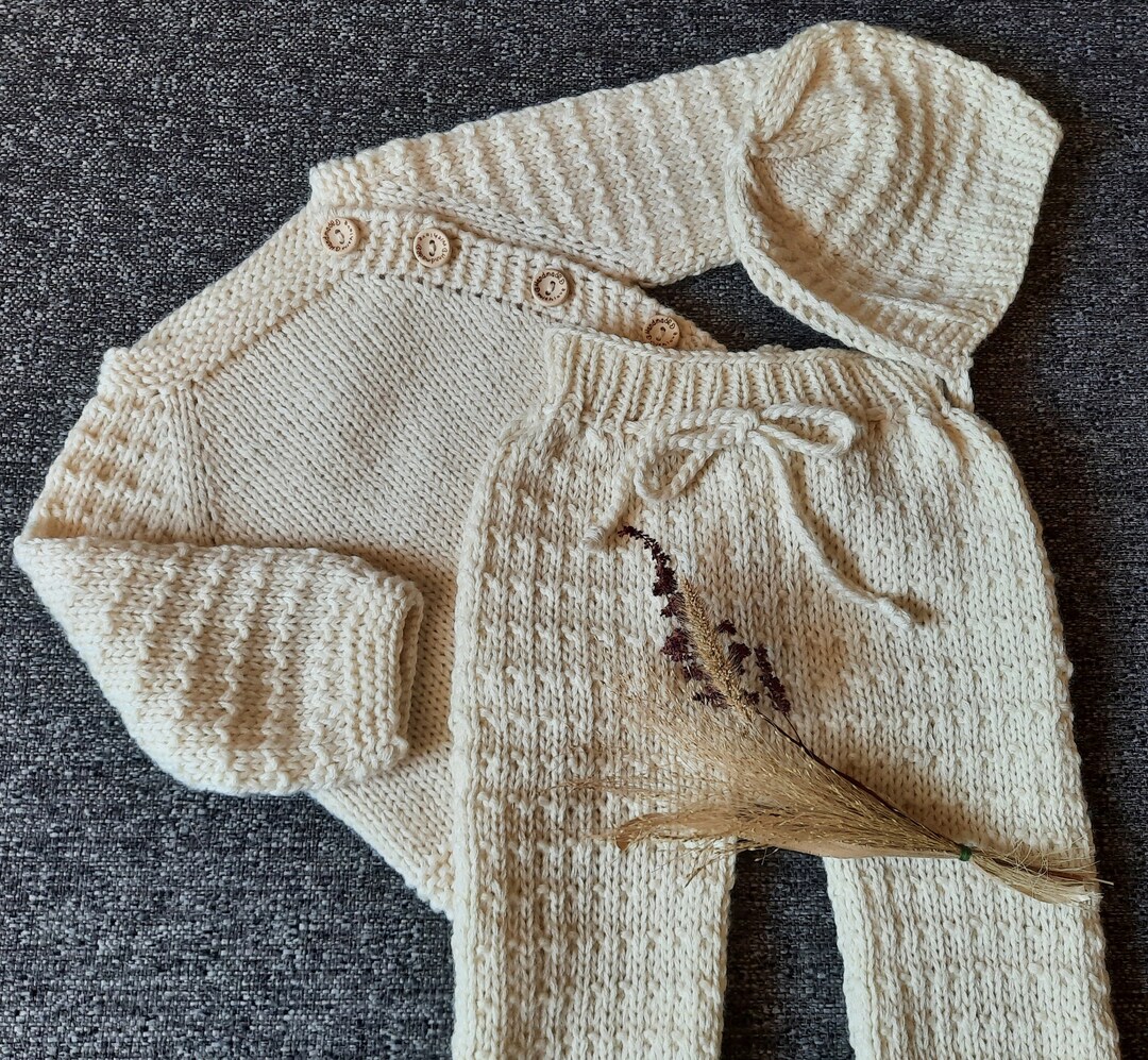 Hand Knit Baby Sweater Set. Coming Home Outfit. White Merino Wool Baby ...