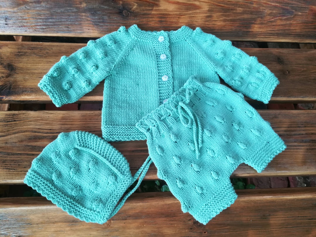 Merino Wool Knit Baby Set: Popcorn Cardigan, Bloomers & Hat (3-6 Months ...