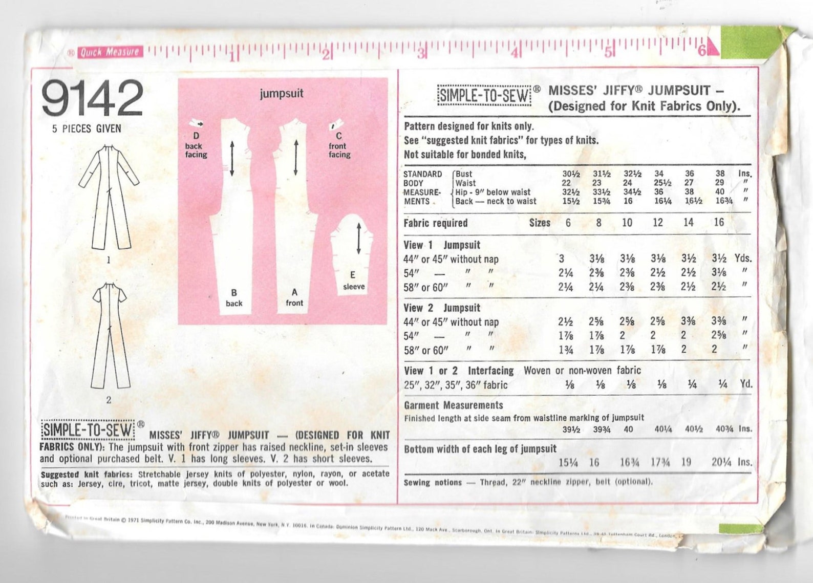 Vintage 1970's Simplicity 9142 Jiffy Jumpsuit Sewing Pattern Size 10 ...