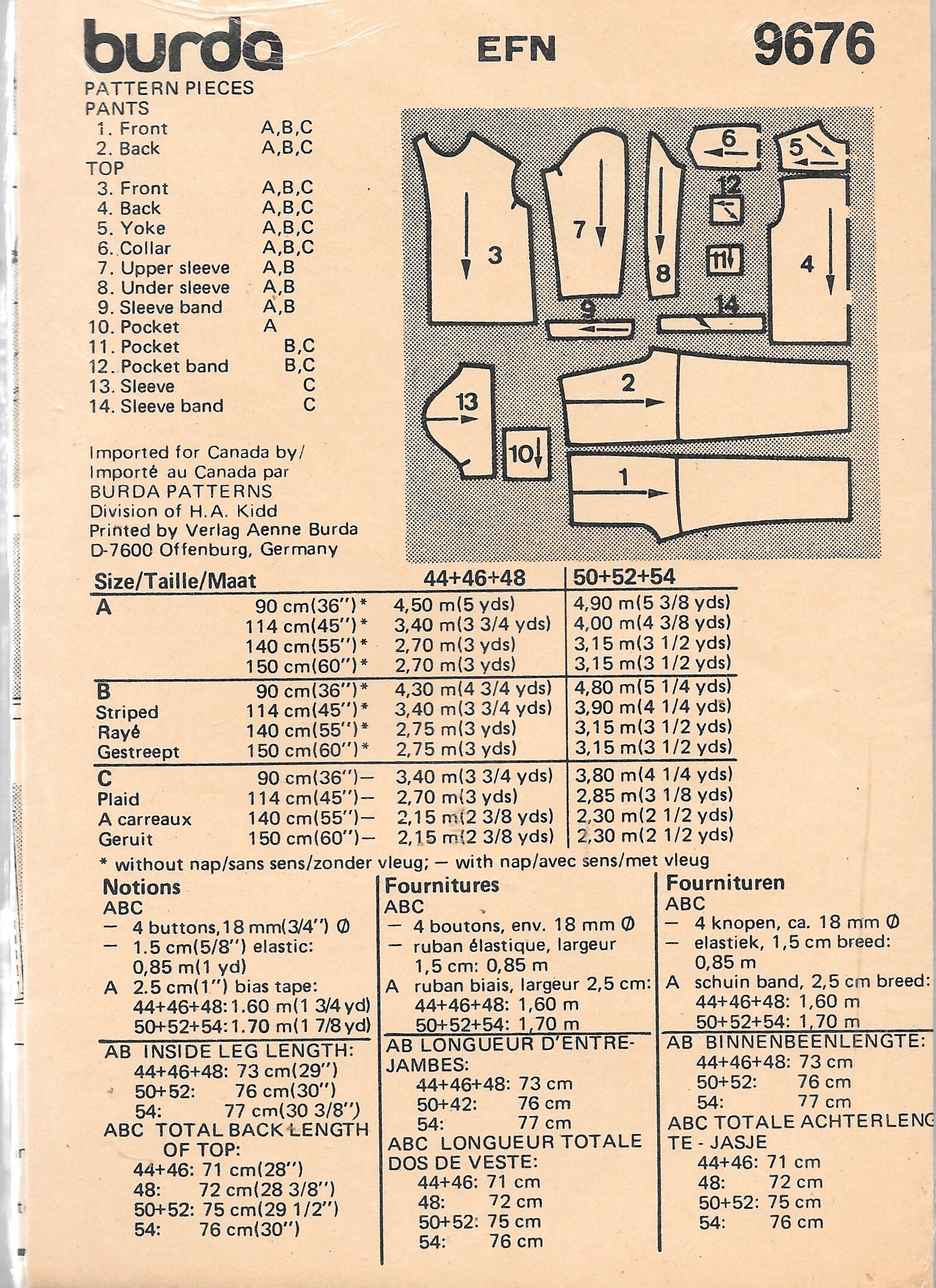 Burda 9676 Men's Long and Short Pajamas Sewing Pattern Sizes 44-46-48 ...