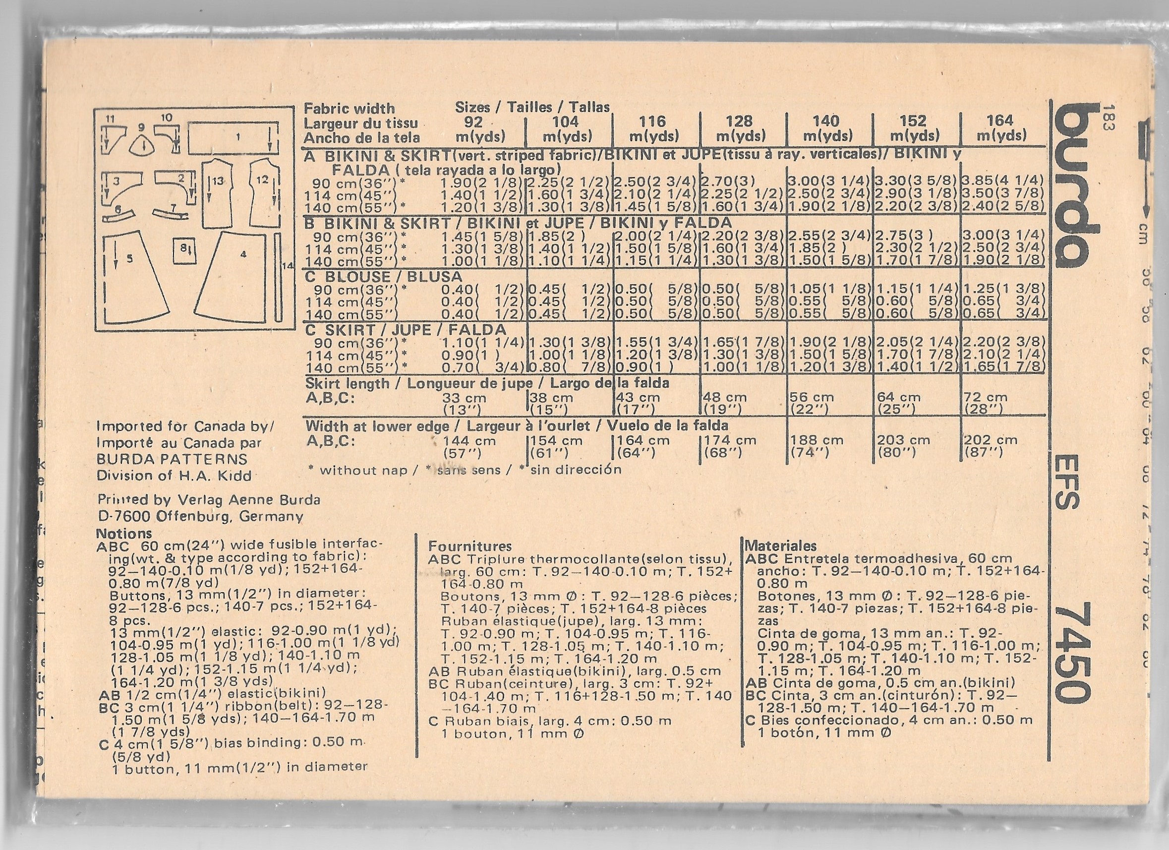 UNCUT Burda 7450 Girls Bikini, Skirt, Halter Top, Blouse Sewing Pattern ...