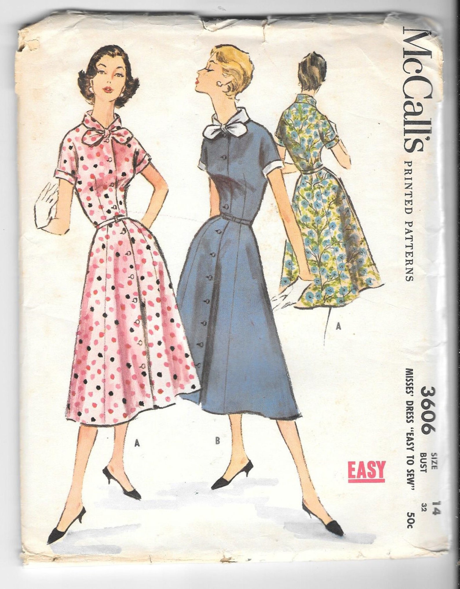 Vintage 1950s Misses Shirtwaist Dress Bow Collar Sewing Patttern ...