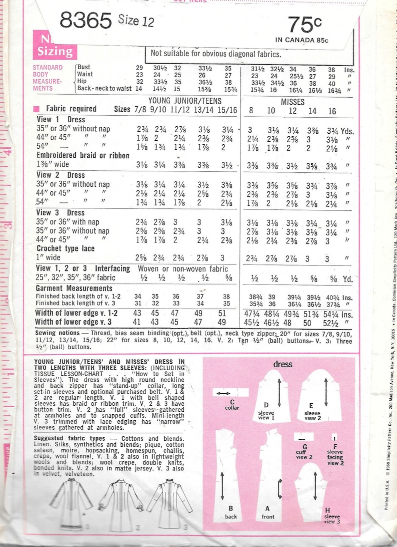 Vintage Simplicity 8365 Misses Tunic Style Dress With Bell, Puffed or Straight Sleeves UNCUT ...