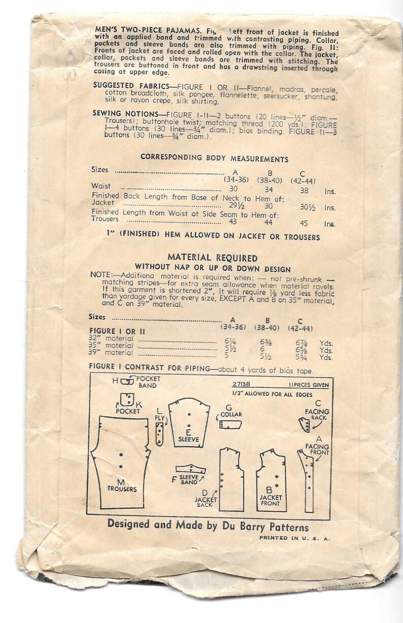 Vintage 1941 Du Barry Mens Pajamas Sewing Pattern 2713 Size 38-40 - Etsy