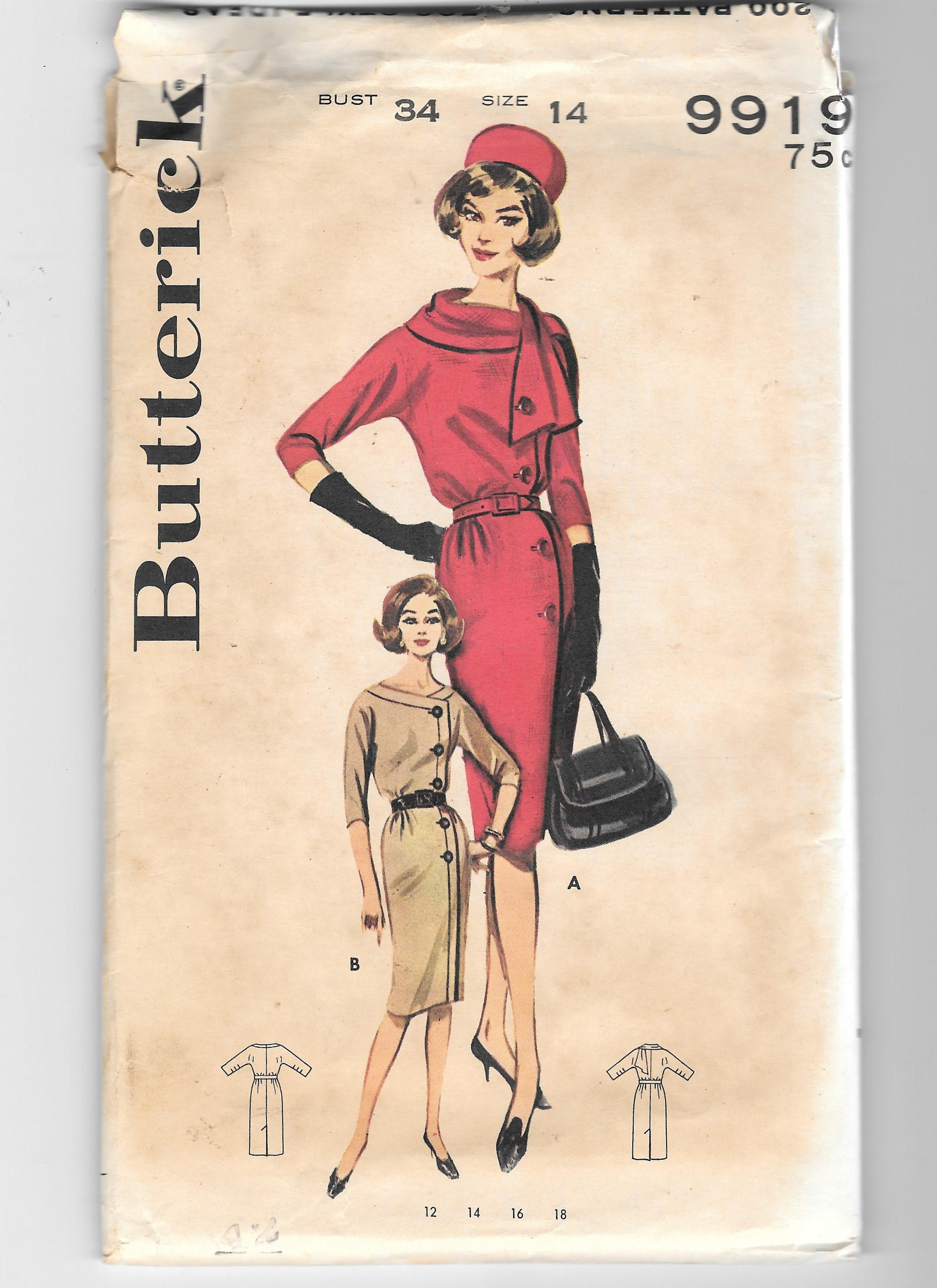Vintage 1950s Butterick 9919 Side Button Pencil Dress Scarf Collar ...