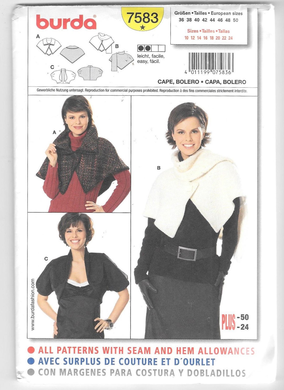 Burda 7583 Cape and Bolero Sewing Pattern UNCUT Sizes 10 to 24 Bust 36 ...