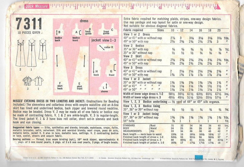 Vintage 1967 Simplicity 7311 Evening Prom Dress 2 Lengths and Jacket ...