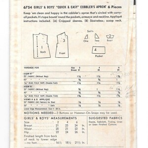 Vintage 1950s Butterick 6754 Childs Cobble Apron Sewing Pattern Size 6 ...