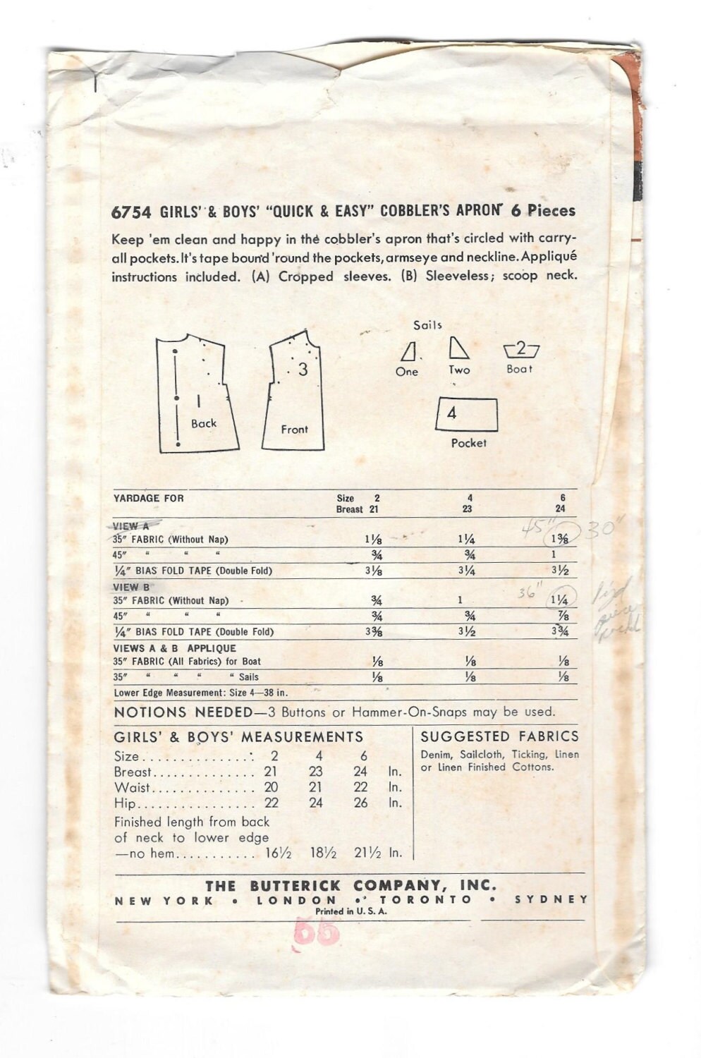 Vintage 1950s Butterick 6754 Childs Cobble Apron Sewing Pattern Size 6 ...