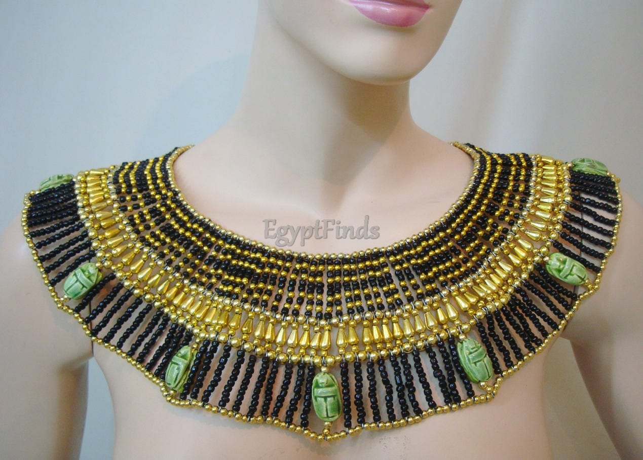 Large Egyptian Beaded Cleopatra Necklace Collar With 9 Scarabs | Etsy