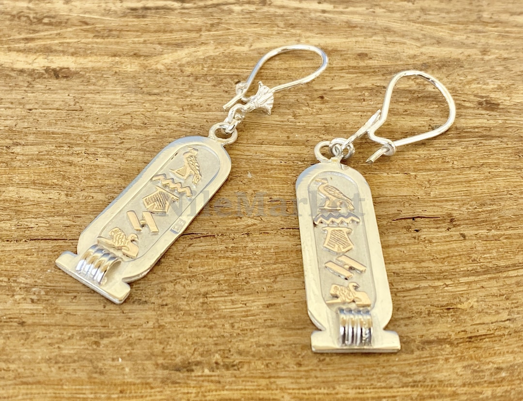 Egyptian Personalized Sterling Silver Cartouche Earrings With Lotus ...
