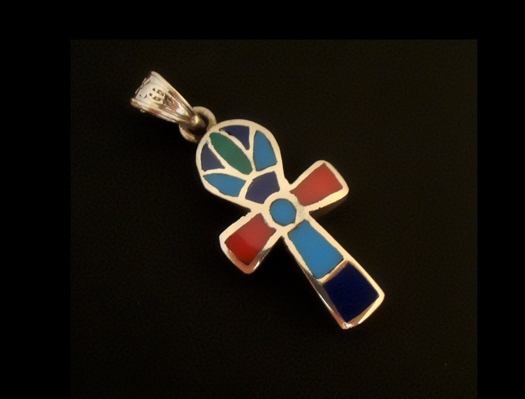 Egyptian Sterling Silver Inlaid Life Key Ankh Key of Life Pendant Charm ...