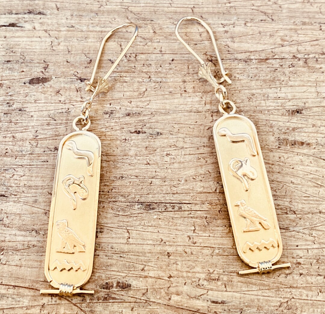 Egyptian Personalized 18k Solid Gold Cartouche Earrings With Lotus ...