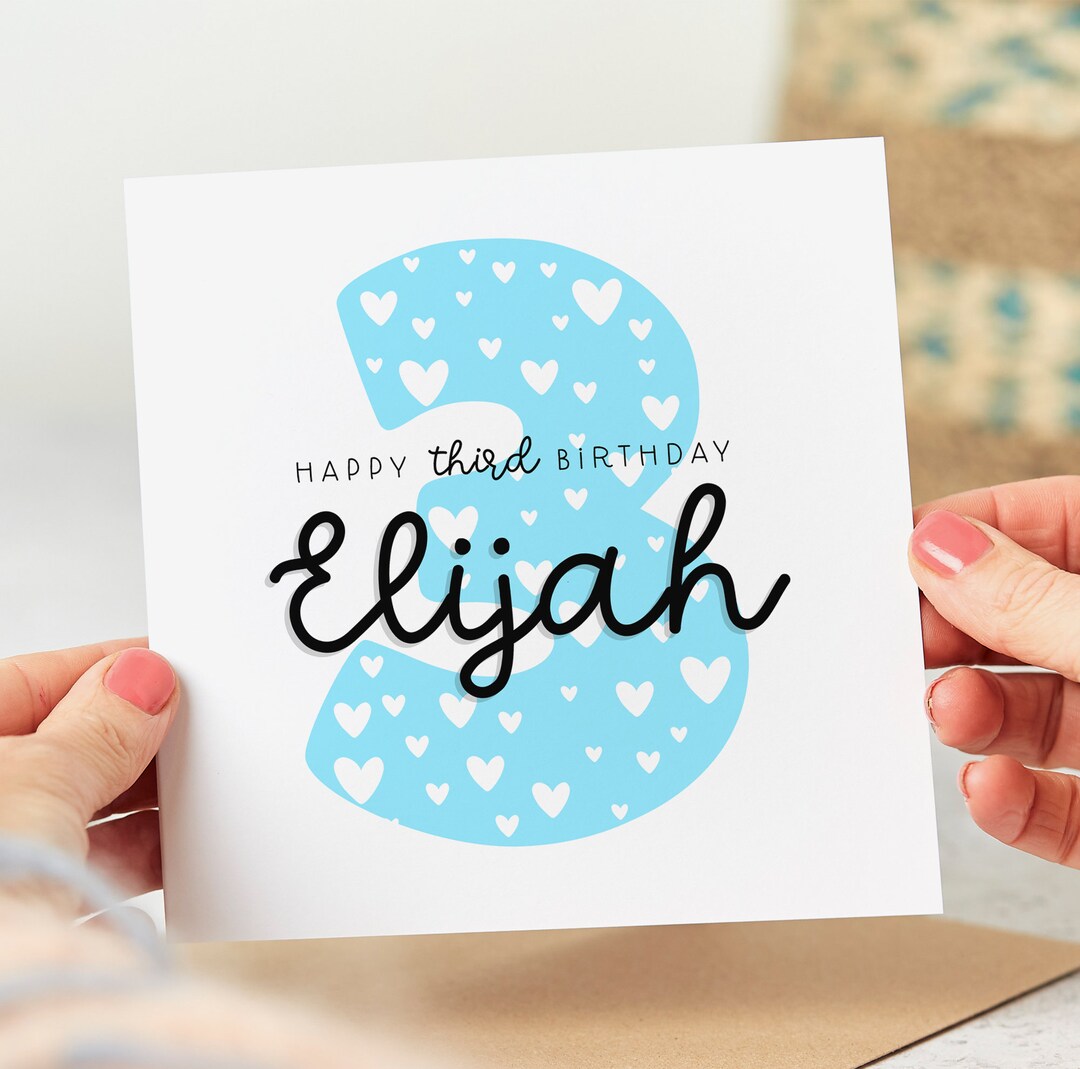 Personalised 3rd Birthday Card, Happy Third Birthday, Blue, Hearts - Etsy