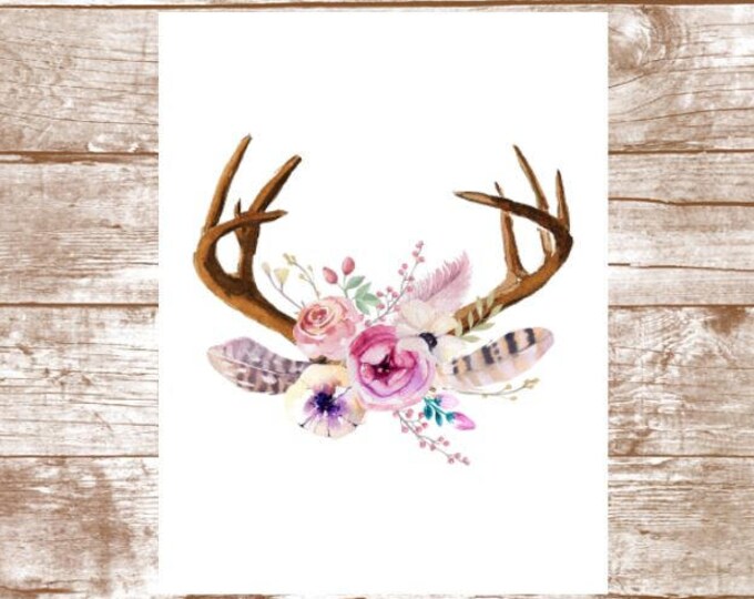 Printable Nursery Art, Floral Wreath Antlers, Watercolor Deer, Floral ...