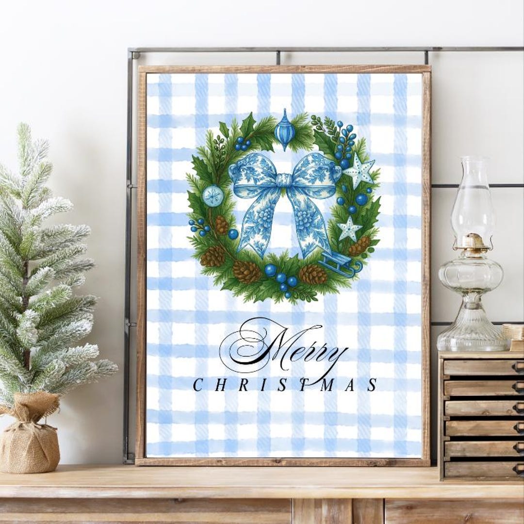 Blue Chinoiserie Christmas Wreath Canvas Printed Sign - Etsy