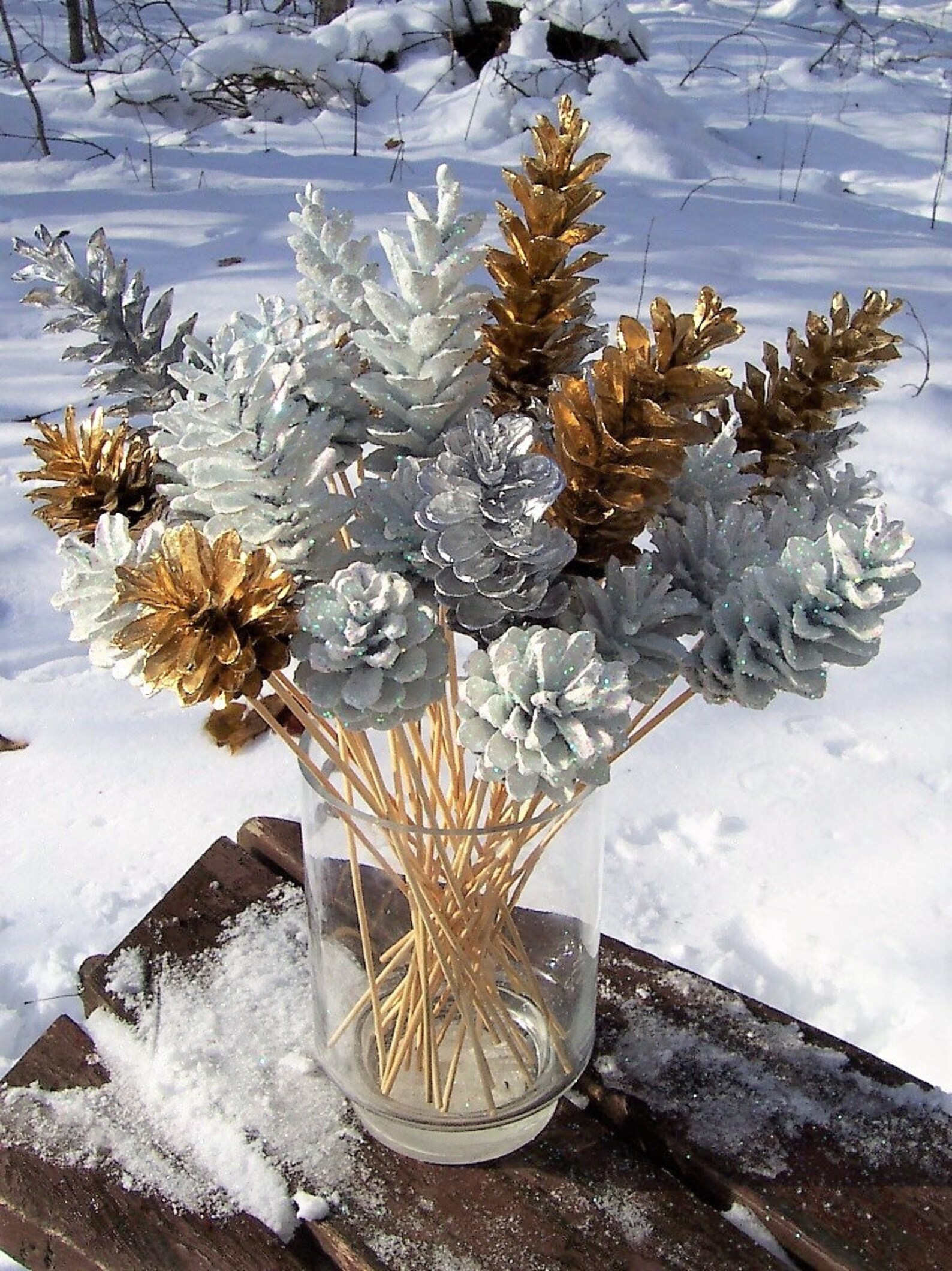 Pine Cone Flowers, One Dozen. Sparkly Snow White and Metallic Silver ...