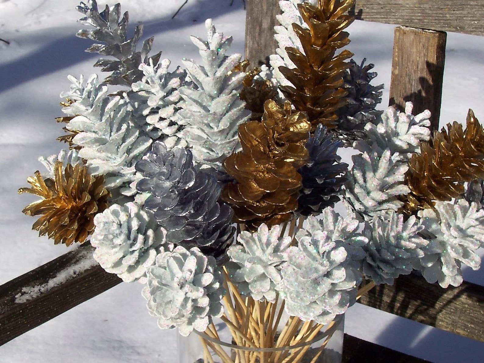 Pine Cone Flowers, One Dozen. Sparkly Snow White and Metallic Silver ...