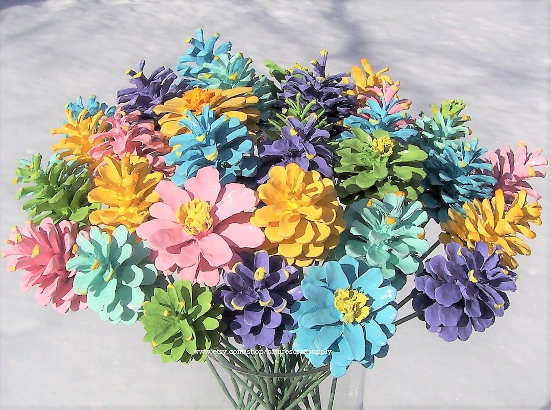 Spring Pine Cone Flowers, ORIGINAL Painted Pine Cones on 12-inch Wood ...