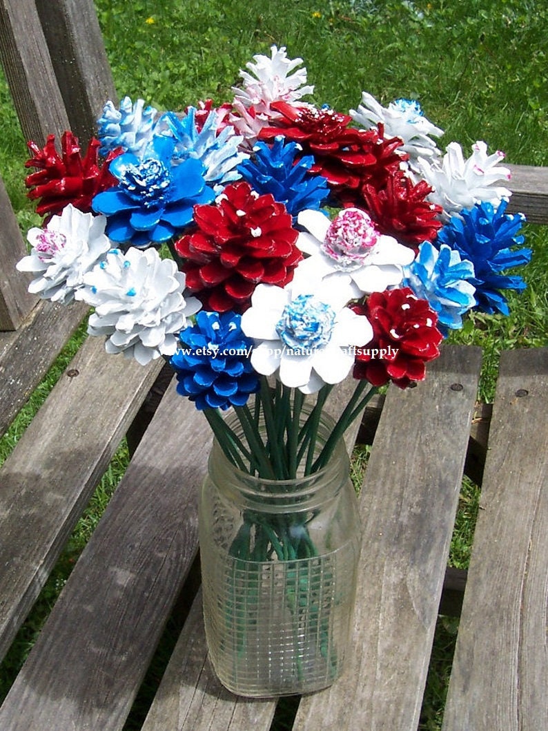 Pine Cone Flowers, ONE DOZEN, the Original, Red, White, and Blue on 12 ...