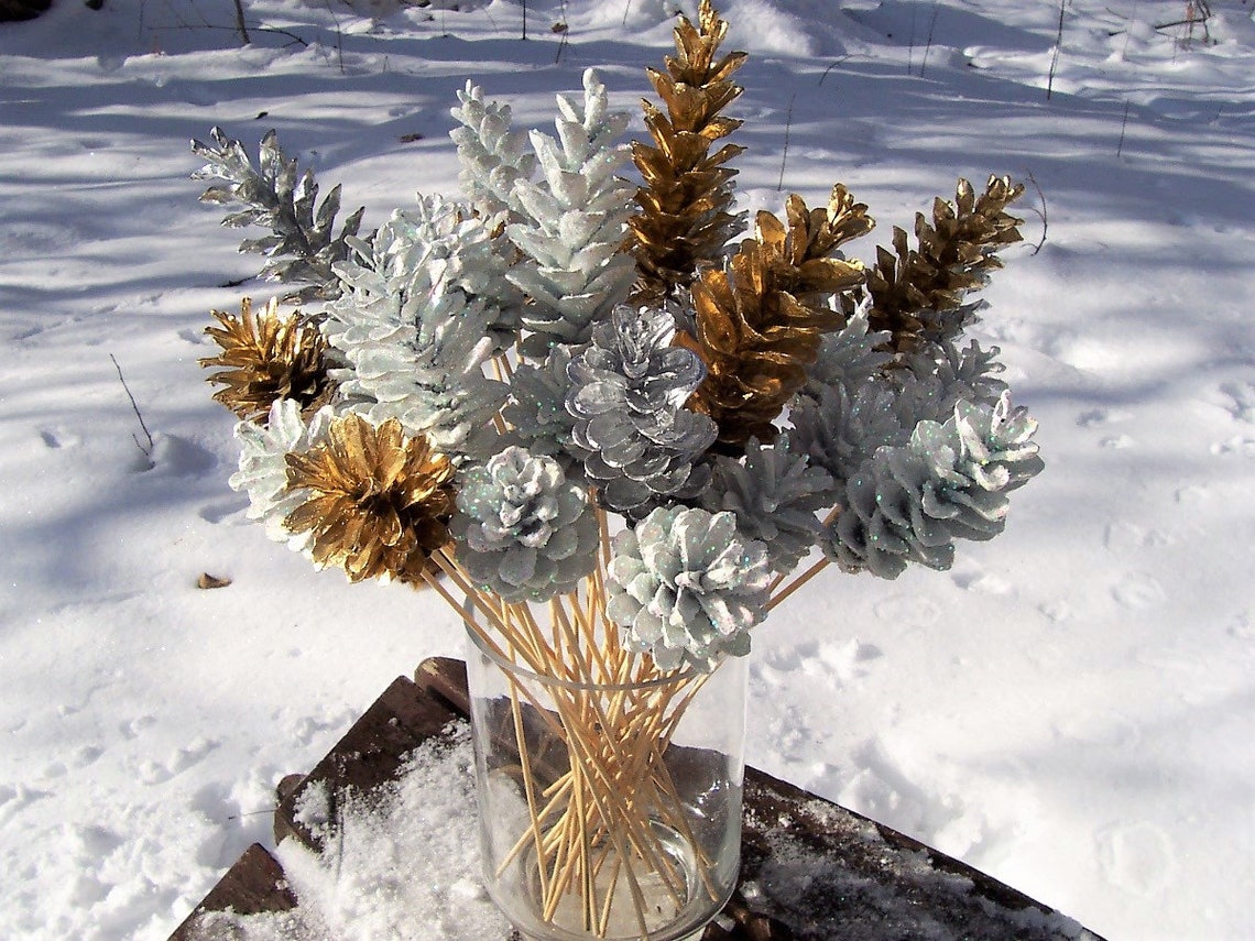 Pine Cone Flowers One Dozen. Sparkly Snow White and Metallic | Etsy
