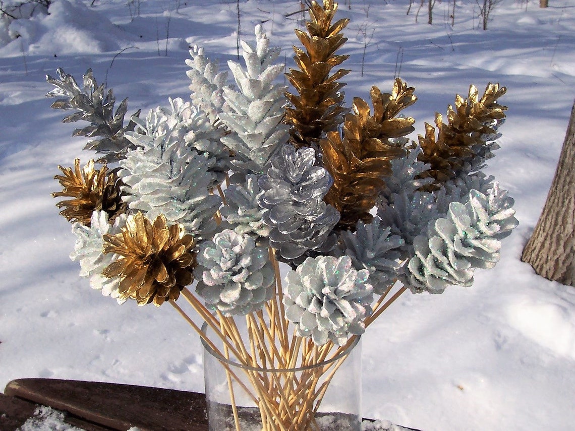 Pine Cone Flowers One Dozen. Sparkly Snow White and Metallic | Etsy