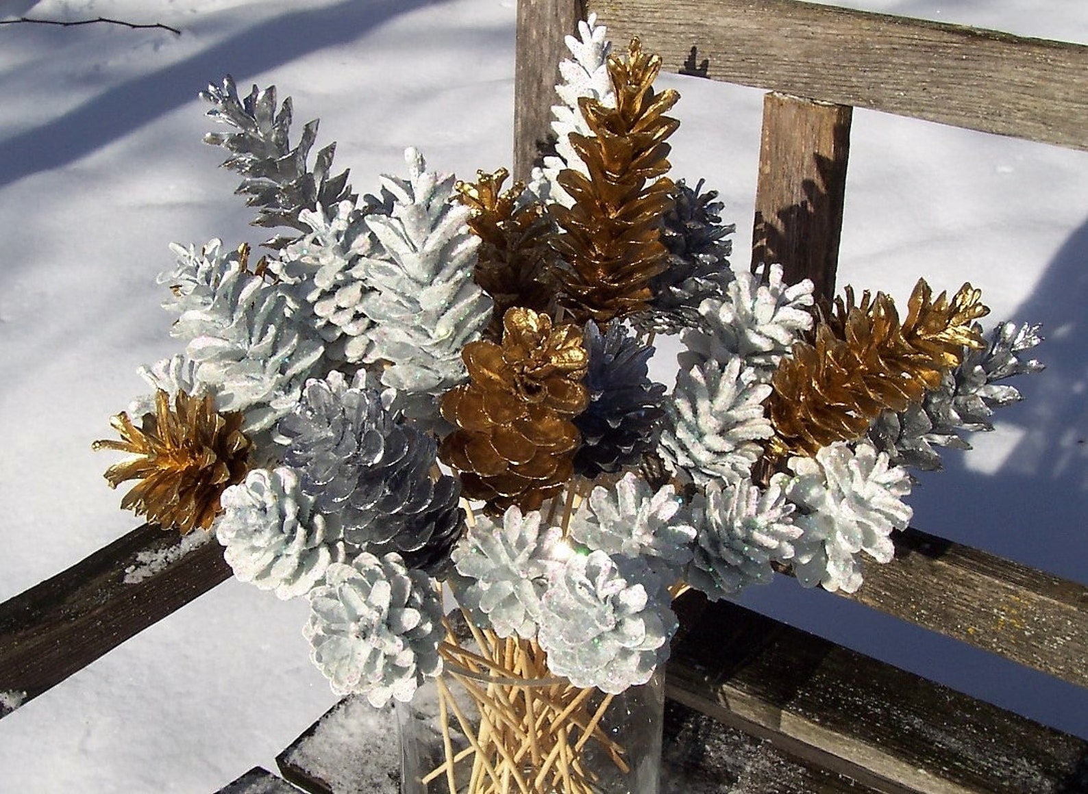 Pine Cone Flowers, One Dozen. Sparkly Snow White and Metallic Silver ...