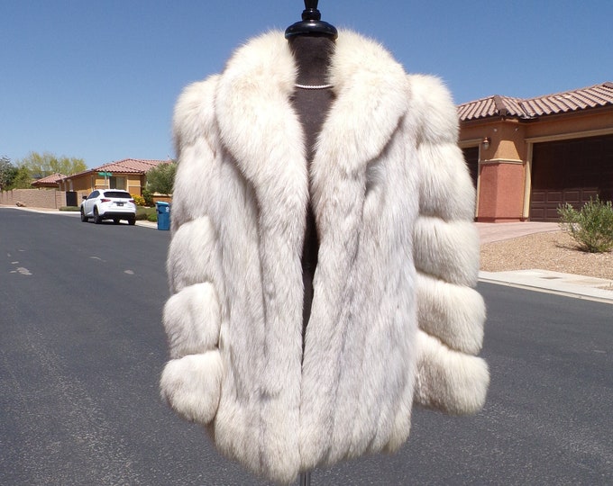 M (8-10) Real BLUE Fox Fur Jacket Coat, Hip-length, Ivory W Gray Tips ...