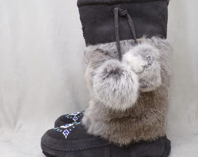 NWOT Wm (6) Real RABBIT FUR Moccasins, Tall "mukluk" Style, High ...
