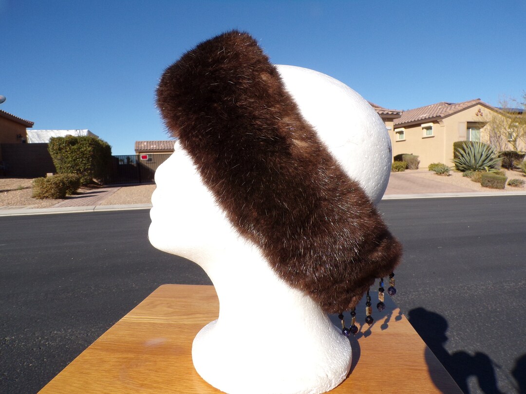22 Real SHEARED SABLE Fur Headband, Dark Brown Fur W Beading, Headband ...