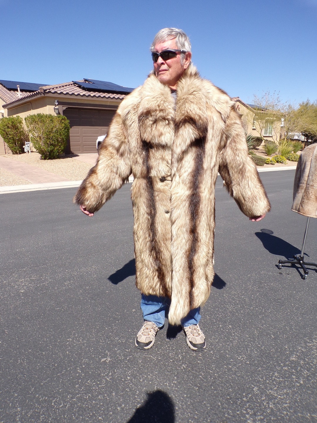 Mens L Real NANNY GOAT FUR Coat, Calf-length, Beige/brown Striped ...