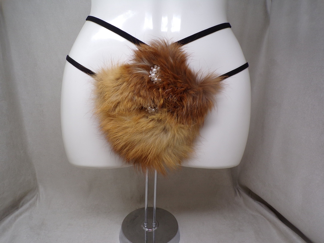 Women's (S) Real RED FOX Fur (w Jewels) Covered G-string Thong Pantie ...