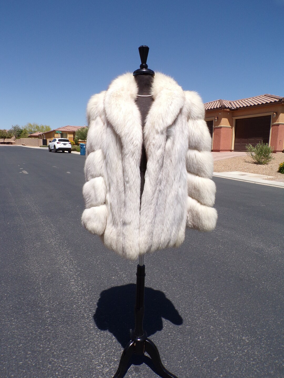 M 8-10 Real BLUE Fox Fur Jacket Coat, Hip-length, Ivory W Gray Tips ...