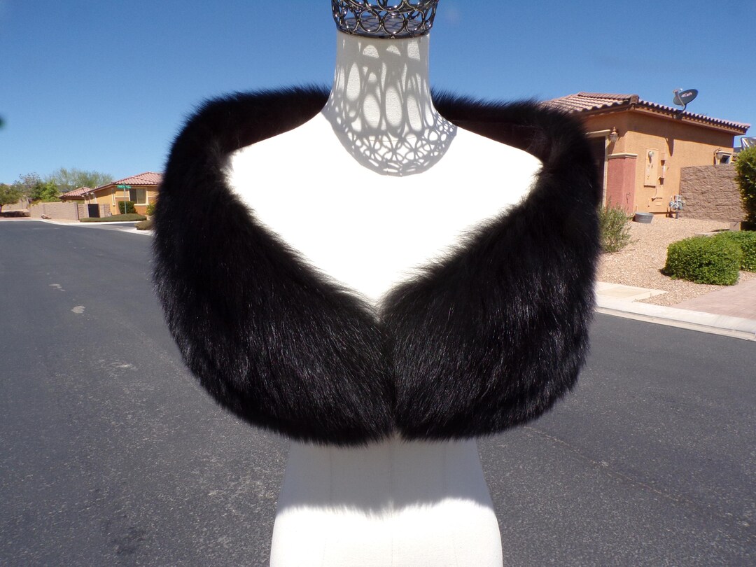 M/L (8-10-12) Real FOX Fur Stole Stoll Shawl Wrap, Fox Fur, Dyed Black ...