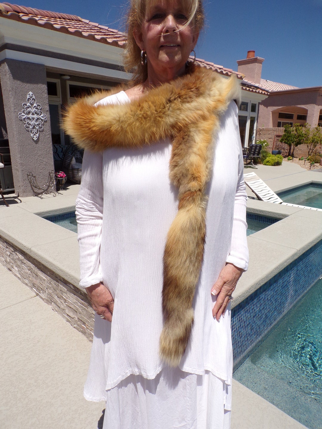90" Real RED FOX Fur Boa With 2 Fox Tails, Scarf Collar Stole, Beige ...