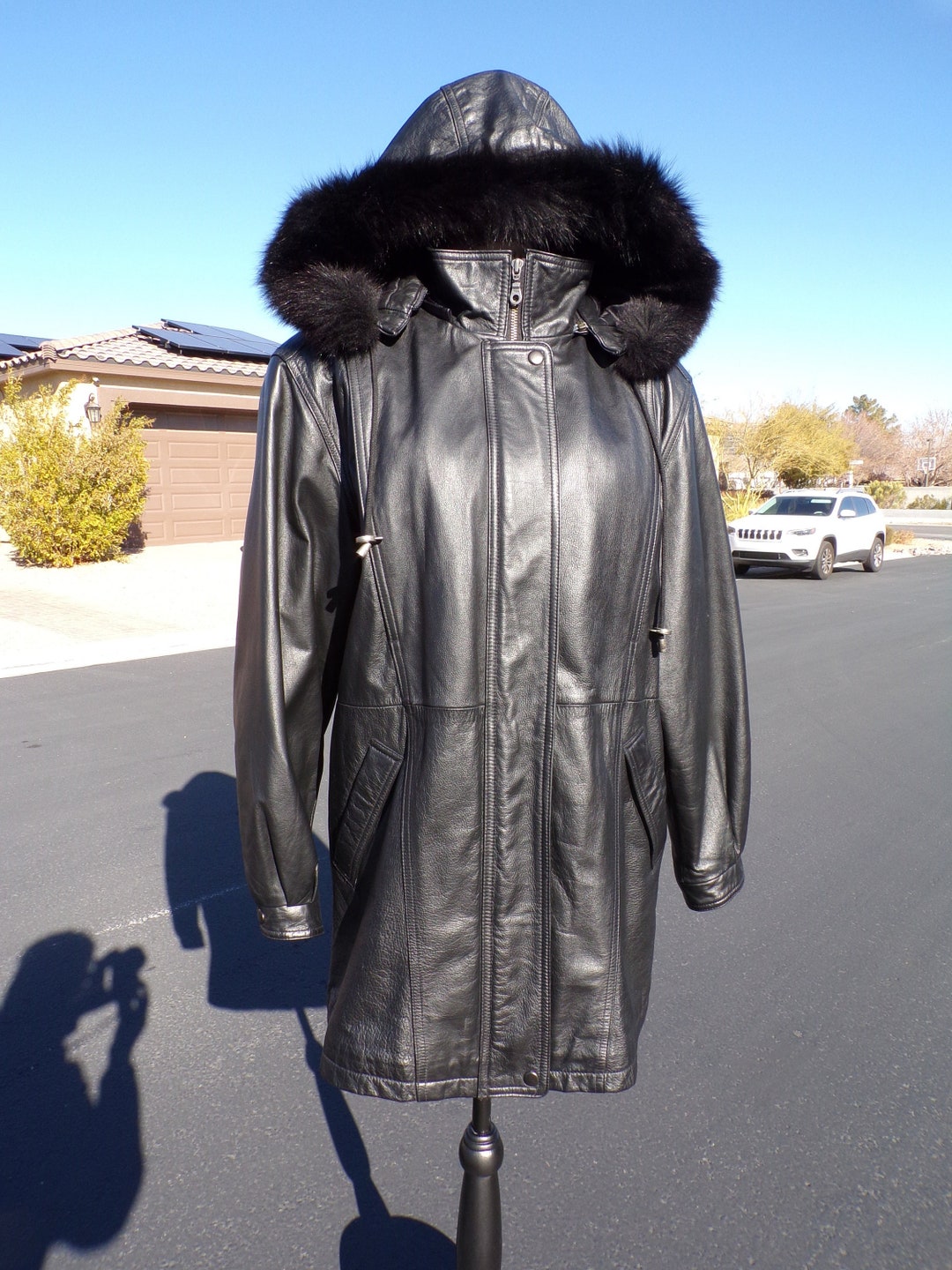 NWOT M (8-10) FOX FUR Ruff on Black Leather Hooded Jacket Coat by Field ...